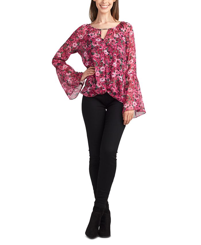 BCX Juniors' Twisted Keyhole Floral Bell-Sleeve Top - Macy's