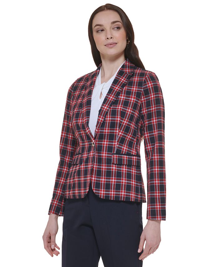 Tommy Hilfiger Women's Plaid-Print Elbow-Patch Blazer - Macy's