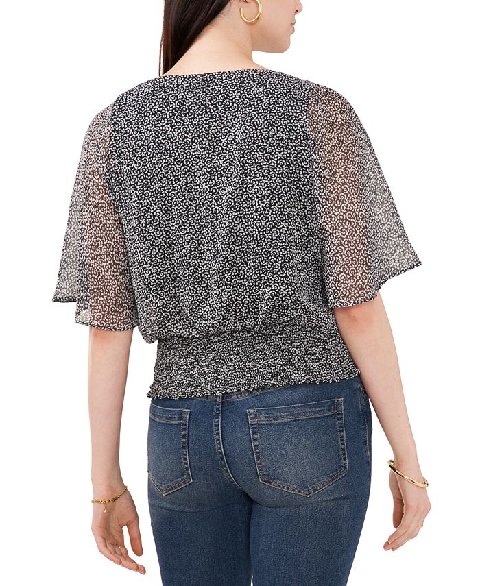 Sam & Jess Petite Floral-Print Smocked-Waist Flutter-Sleeve Top - Macy's