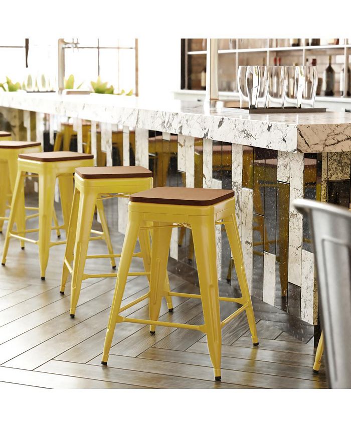 EMMA+OLIVER Kam Backless Metal Indoor-Outdoor Stool With All-Weather ...