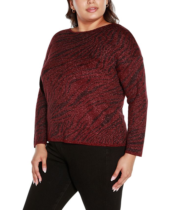 Belldini Black Label Plus Size Shiny Zebra Jacquard Long Sleeve Sweater ...
