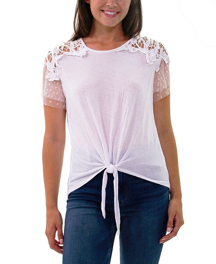 NY Collection Petite Short Sleeve Lace Detail Top - Macy's