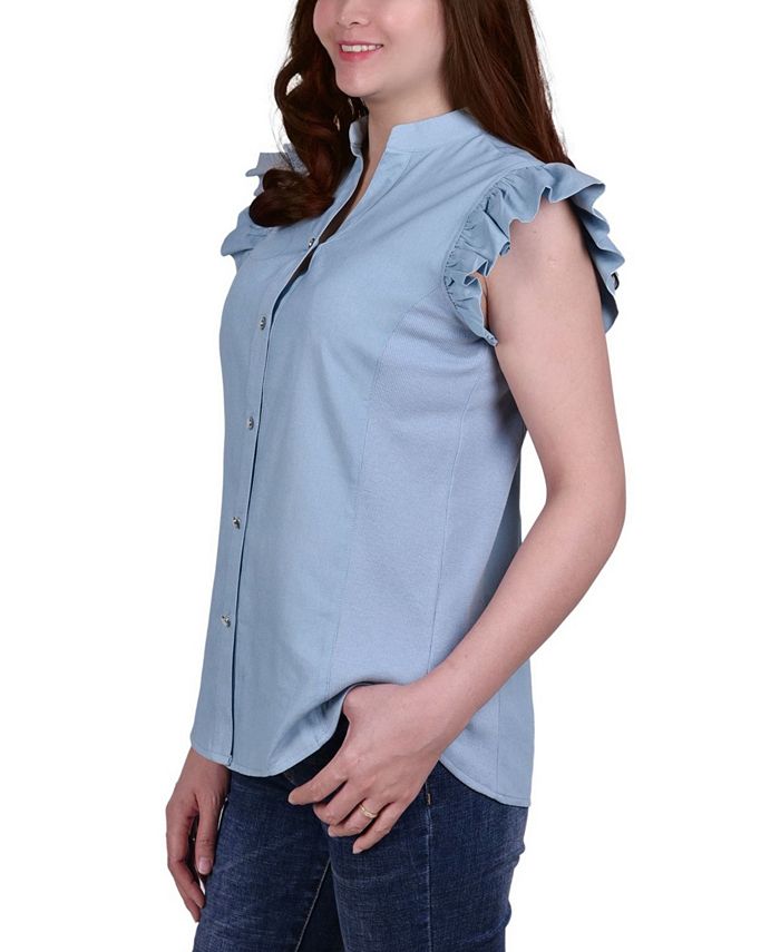 NY Collection Petite Ruffle Flange Chambray Blouse - Macy's