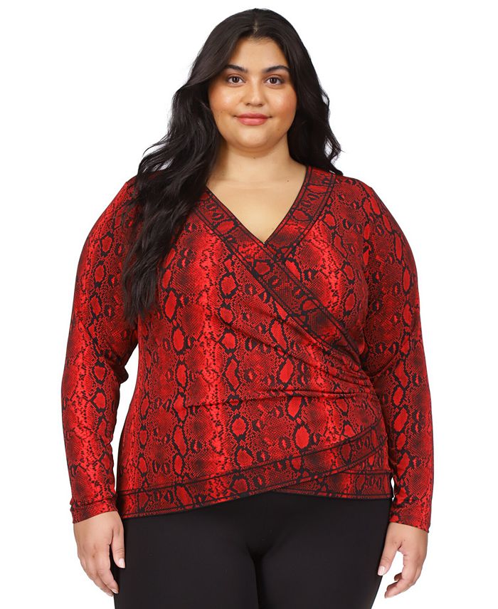 Michael Kors Plus Size Snakeskin-Print Crossover Border Top - Macy's