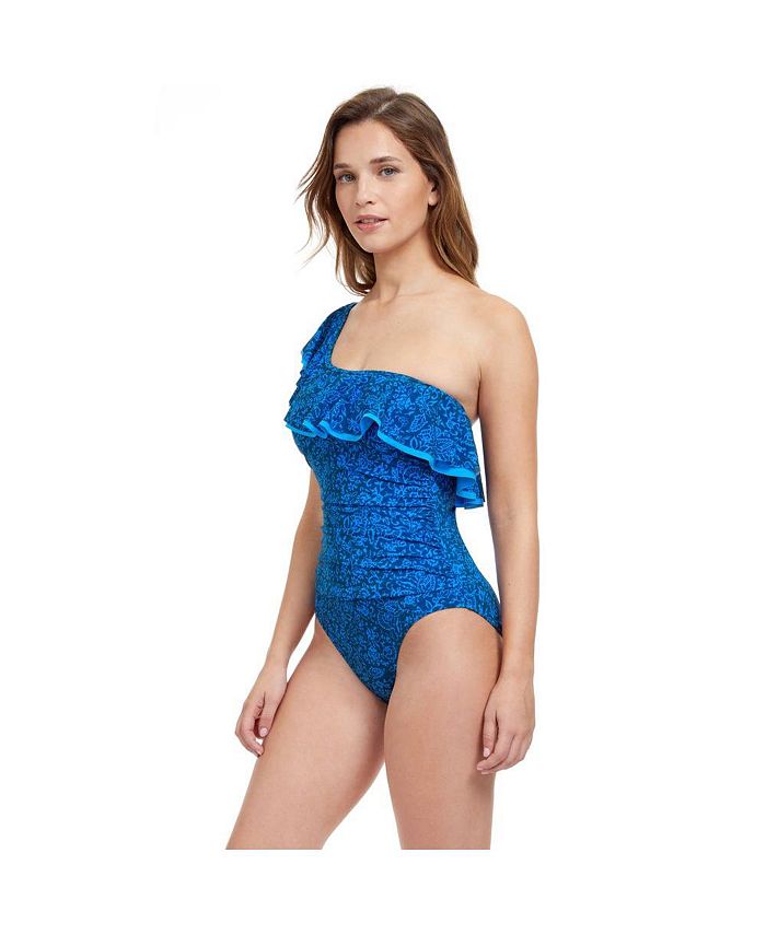 Profile By Gottex Womens Mehndi One Shoulder Ruffle One Piece Swimsuit
