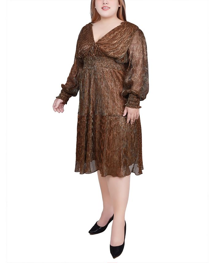 NY Collection Plus Size Long Sleeve Plisse Mesh Dress - Macy's