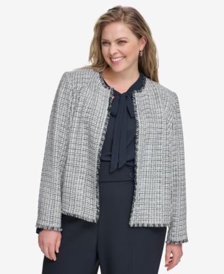 Calvin Klein Plus Size Tweed Open-Front Fringe Jacket - Macy's