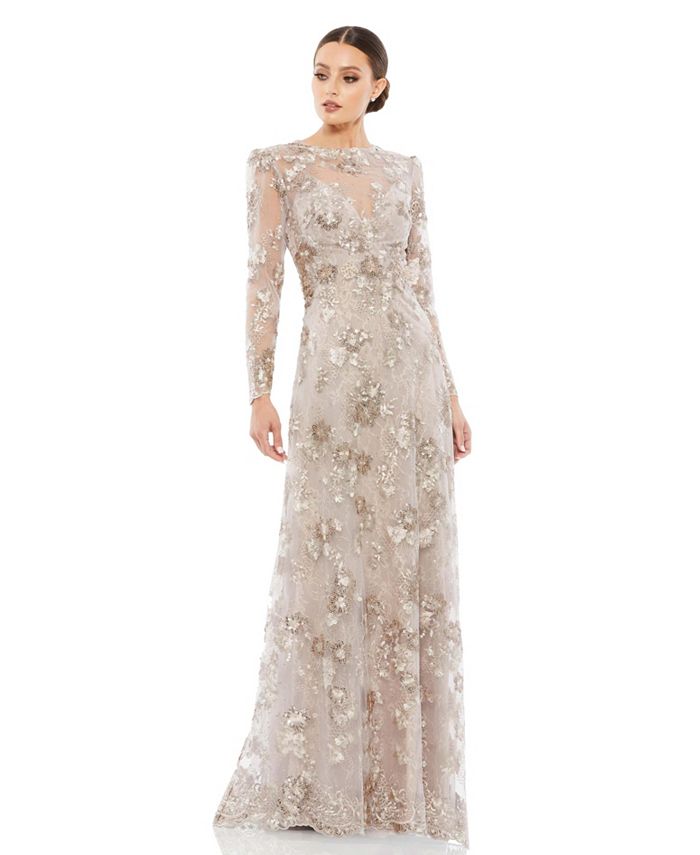 Mac Duggal Women's Floral Embroidered Illusion Long Sleeve Evening Gown - Macy's