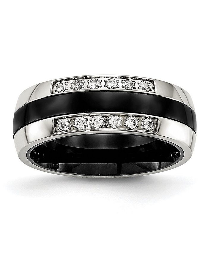 Chisel Stainless Steel Polished with Black Ceramic and CZ Ring - Macy's