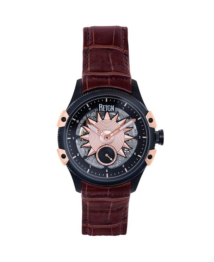 Reign Men Solstice Automatic Semi-Skeleton Leather Strap Watch - Dark ...
