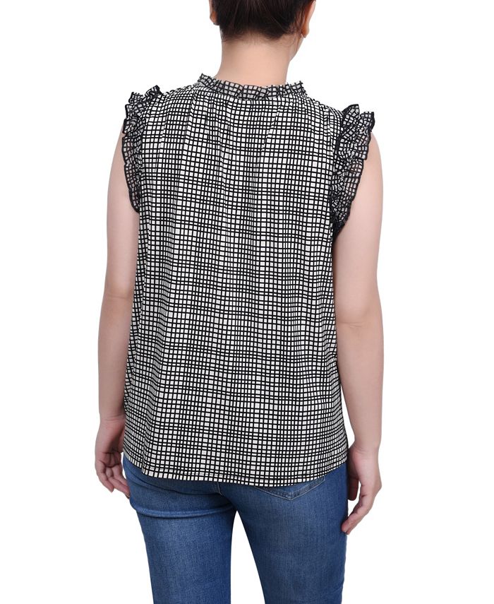 NY Collection Petite Sleeveless Crepe Top with Chiffon Ruffles - Macy's