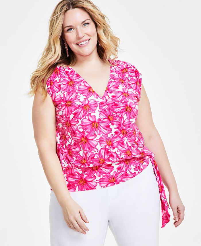 I N C International Concepts Plus Size Floral Print Side Tie Top