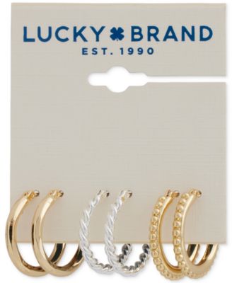 Lucky Brand Tri-Tone 3-Pc. Set Textured Hoop Earrings - Macy's