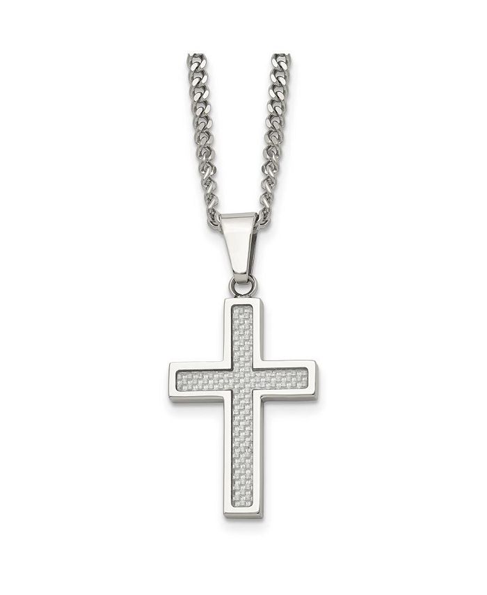 Chisel Grey Carbon Fiber Inlay Small Cross Pendant Curb Chain Necklace ...