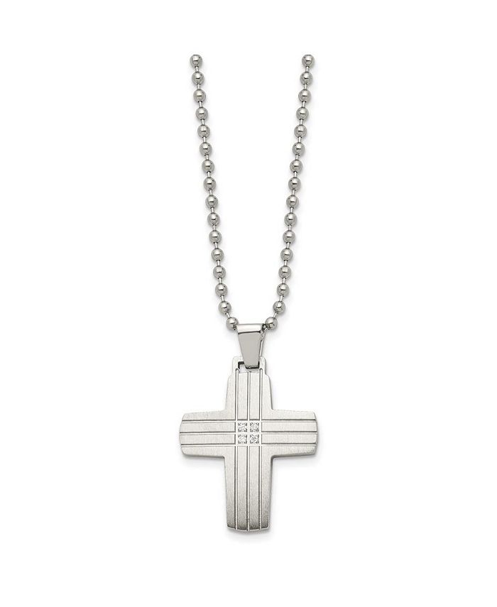 Chisel Brushed and CZ Grooved Cross Pendant Ball Chain Necklace - Macy's