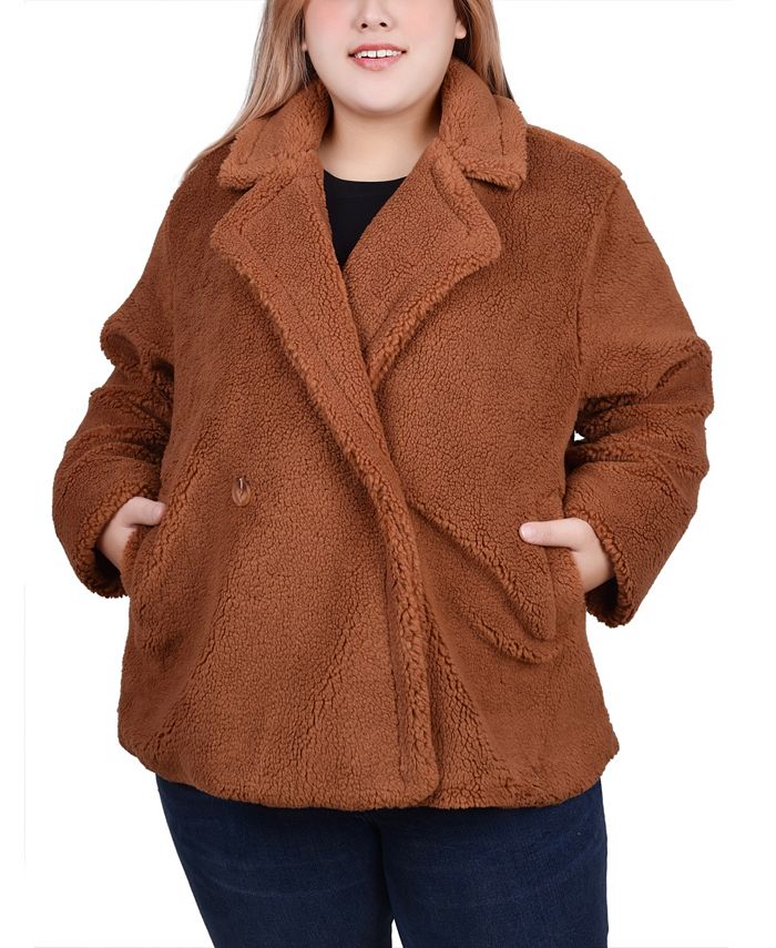 NY Collection Plus Size Long Sleeve Double Breasted Sherpa Jacket - Macy's