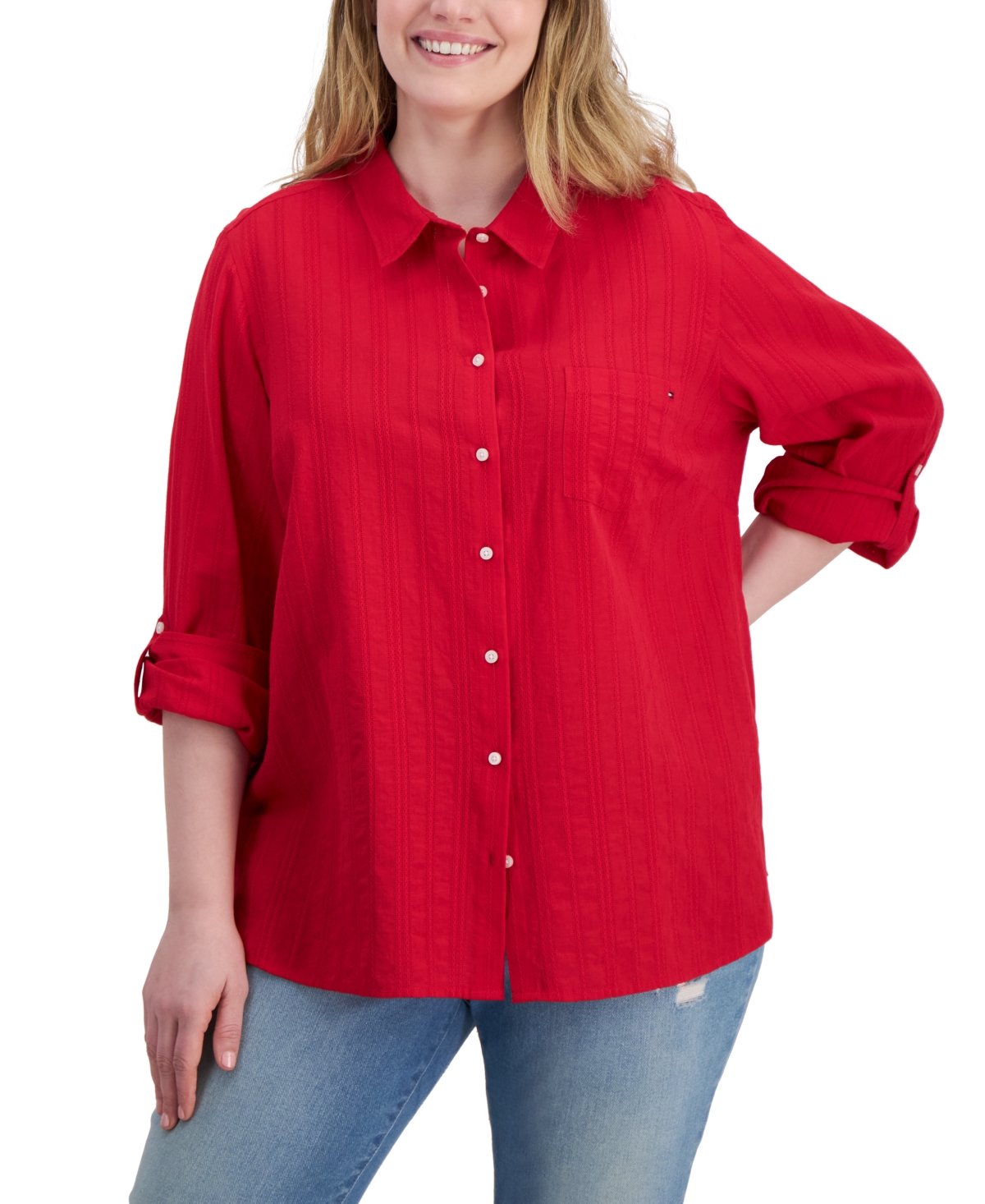 Tommy Hilfiger Plus Size Cotton Paisley-Print Utility Shirt - Scarlet