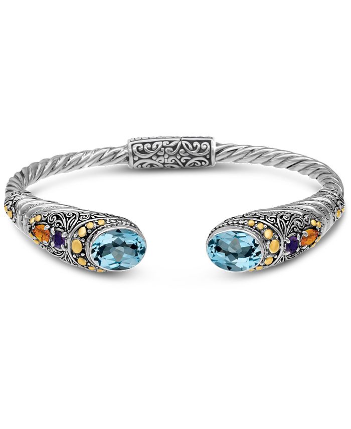 DEVATA Blue Topaz, Amethyst, Citrine Bali Filigree Cuff Bracelet in Sterling Silver and 18K Gold ...
