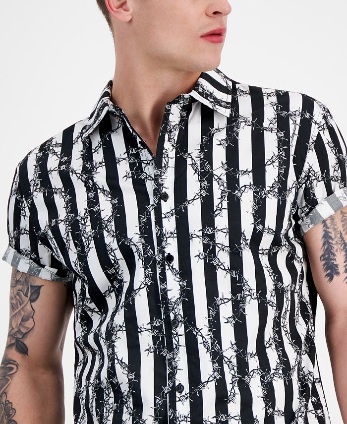 CRWTH Men's Regular-Fit Barbed Wire-Print Stripe Button-Down Shirt - Macy's