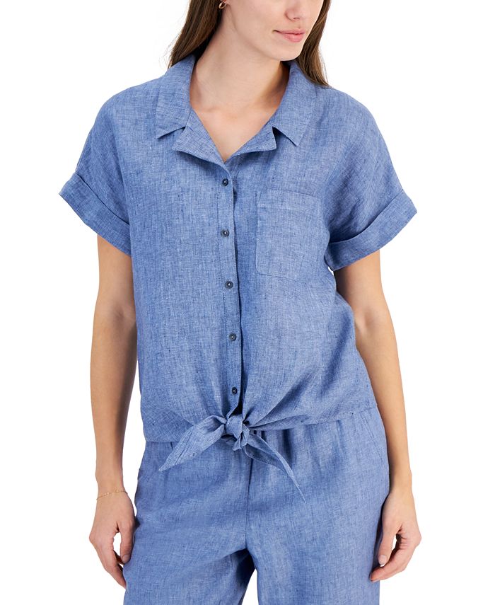Charter Club Women's 100% Linen Tie-Front Shirt, Created for Macy's ...
