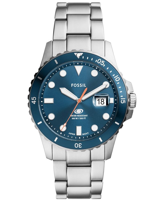 Fossil Men's Blue Dive Three-Hand Date Silver-Tone Stainless Steel ...