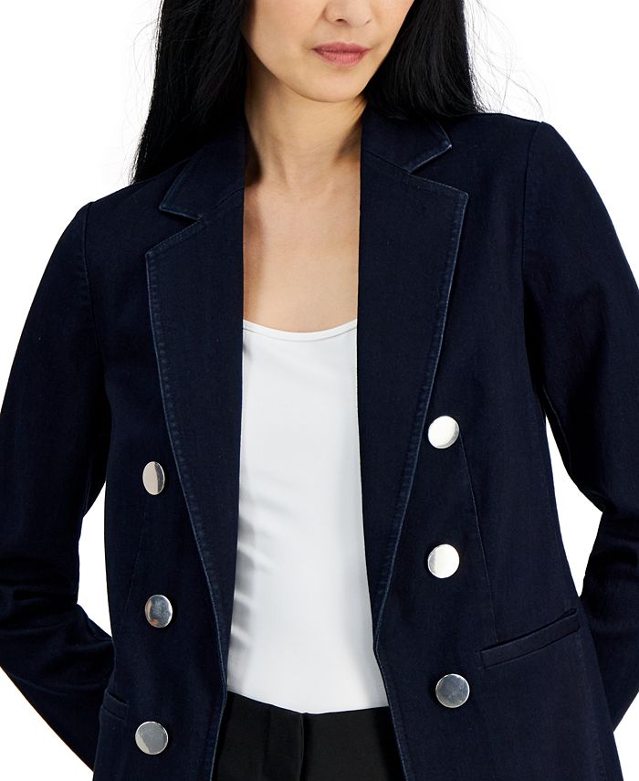 Anne Klein Women's Open Front Double-Breasted Denim Blazer - Macy's