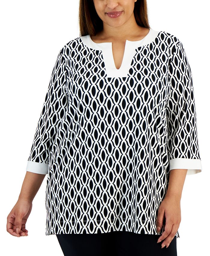 Anne Klein Plus Size Printed Athluxe Split-Neck 3/4-Sleeve Tunic Top ...