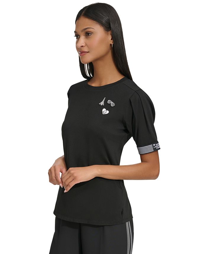 KARL LAGERFELD PARIS Women's Round-Neck Short-Sleeve Logo Top - Macy's