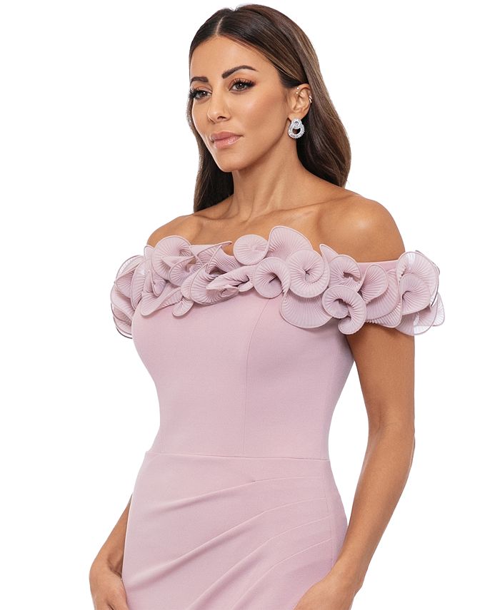 XSCAPE Women's Scuba-Crepe Ruffled Off-The-Shoulder Fit & Flare Gown ...