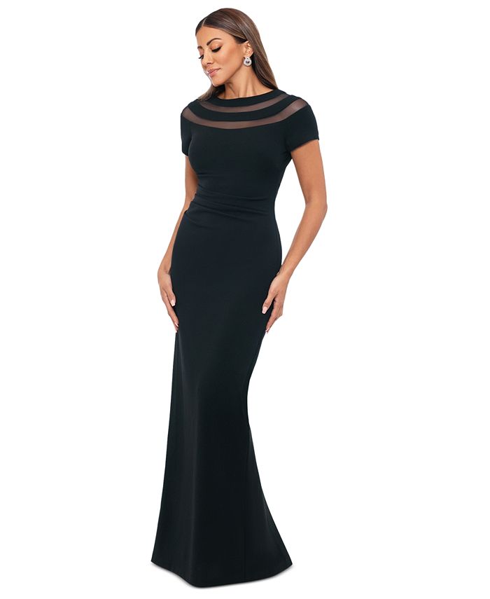 XSCAPE Women's Illusion-Neck Ruched-Back Scuba Crepe Gown - Macy's