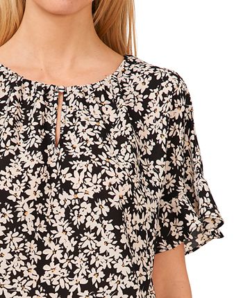 CeCe Women's Floral Print Split Neck Ruffled Cuff Top - Macy's