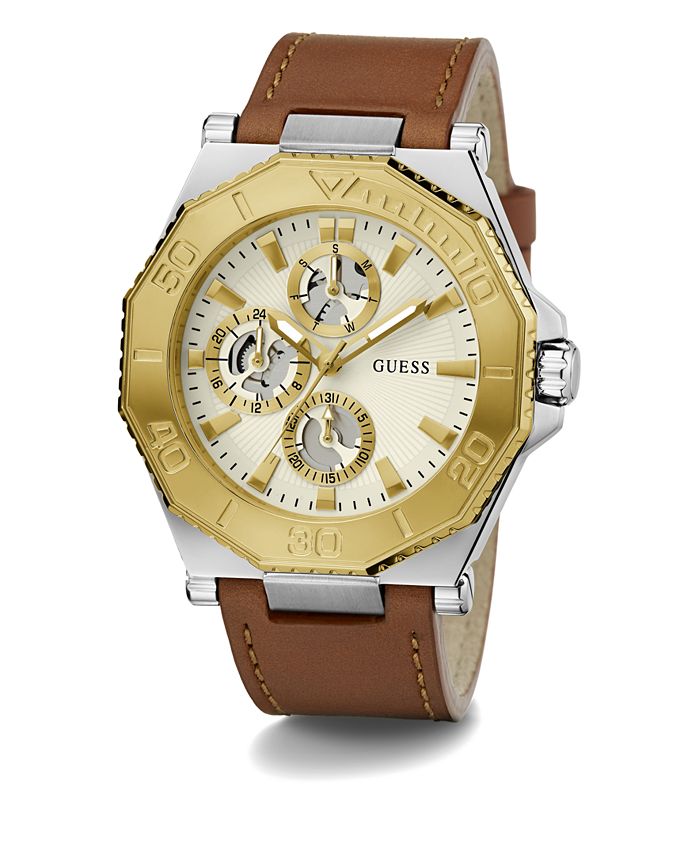 GUESS Men's Analog Brown Genuine Leather Watch 46mm - Macy's
