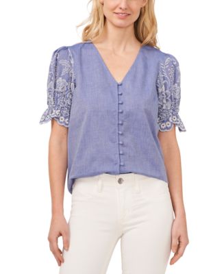 CeCe Women's Cotton Floral Puff Sleeve V-Neck Blouse - Macy's
