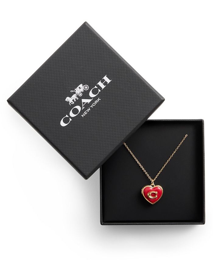 COACH Red Enamel Signature Heart Locket Boxed Necklace - Macy's