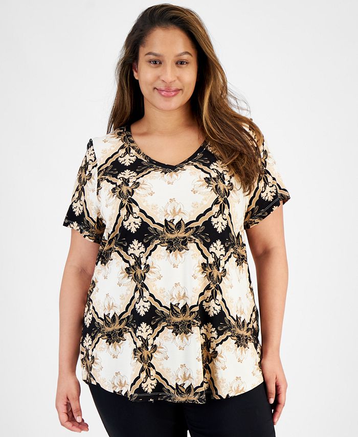 JM Collection Plus Size Lush Print V-Neck Top, Created for Macy's - Macy's