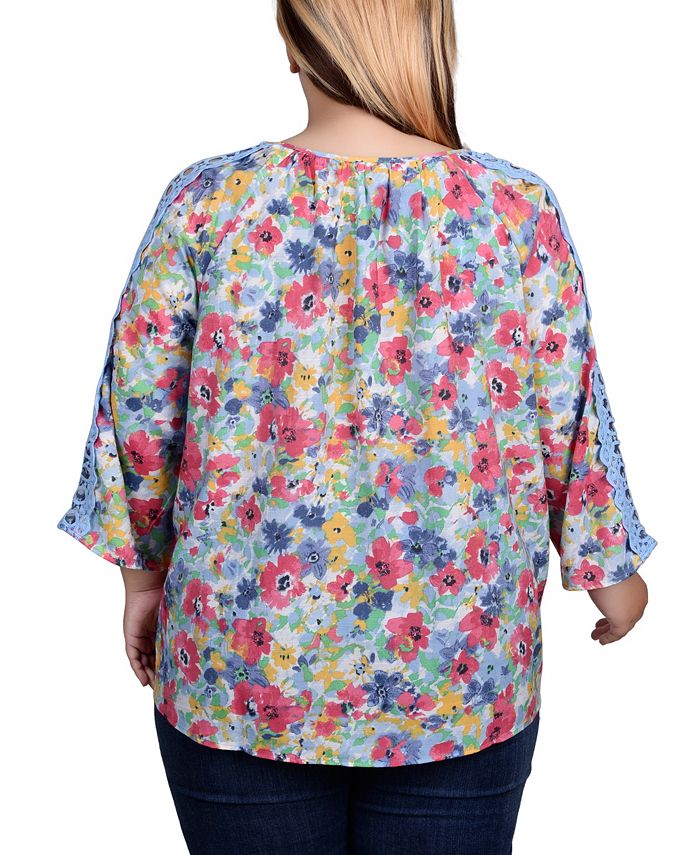 NY Collection Plus Size 3/4 Sleeve Crochet Detail Blouse - Macy's