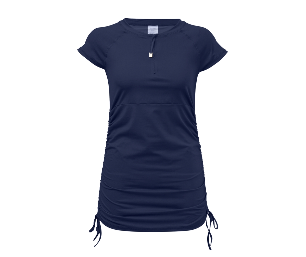 Click here for Ladies Navy Ruched Ss Swim Dress - Navy prices