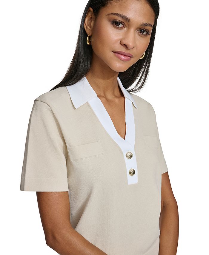 KARL LAGERFELD PARIS Women's Contrast-Trim Polo-Collar Top - Macy's