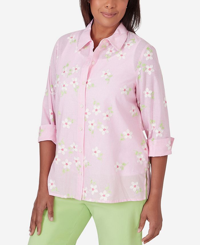 Alfred Dunner Petite Miami Beach Pinstripe Floral Embroidery Blouse ...