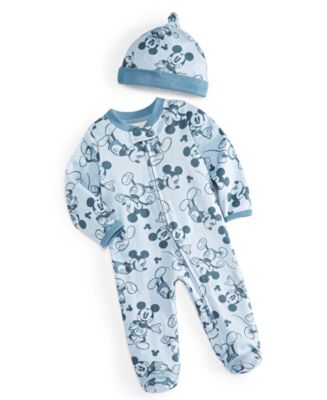Disney Baby Mickey Mouse Hooray Footed Coverall & Hat, 2 Piece Set - Macy's