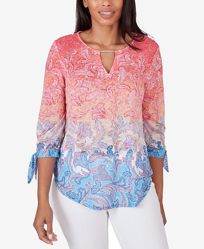 Ruby Rd. Petite Ombre Guava Paisley Printed Knit Top - Macy's