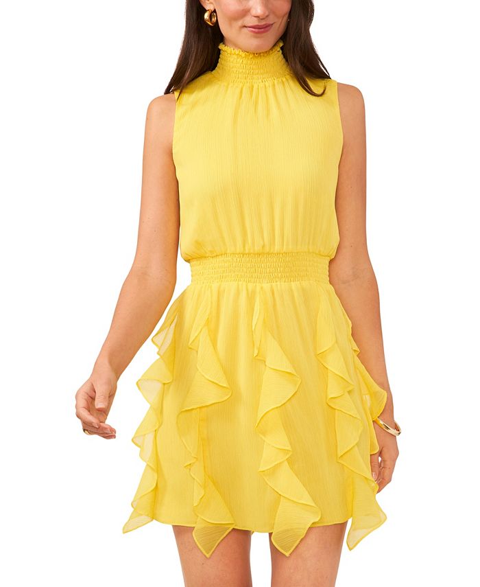 1 State Womens Smocked Sleeveless Mock Neck Ruffled Mini Dress Macys