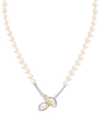 Macy s Cultured Freshwater Pearl 4 1 2mm 7 x 5mm Diamond 1 20 ct. t.w. Flower Bud Inspired 17 1 2 Pendant Necklace in Sterling Silver 14k Gold Macy s
