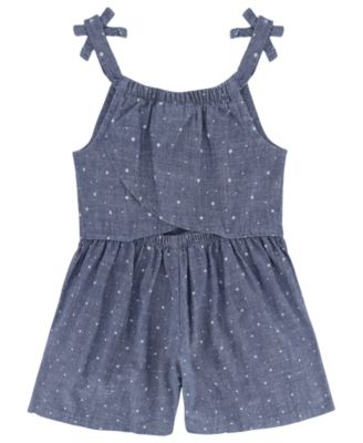Little Girl Romper Printed Chambray Drawstring Straps Romper, 1 Piece Set