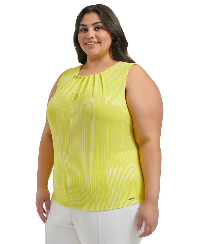 Calvin Klein Plus Size Geo Printed Pleated Sleeveless Top Macys
