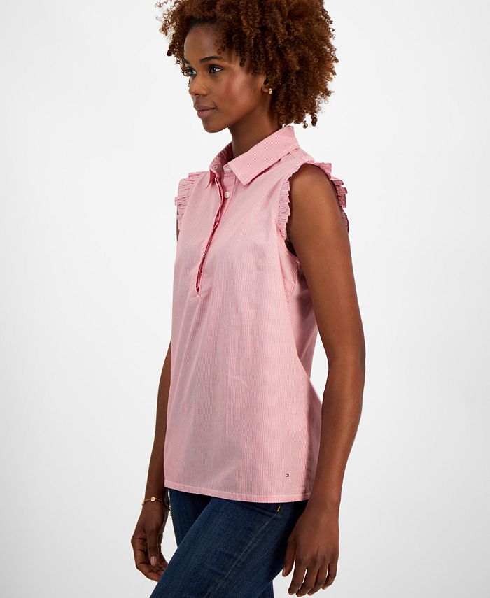 Tommy Hilfiger Women's Cotton Striped Button-Placket Ruffled Blouse ...