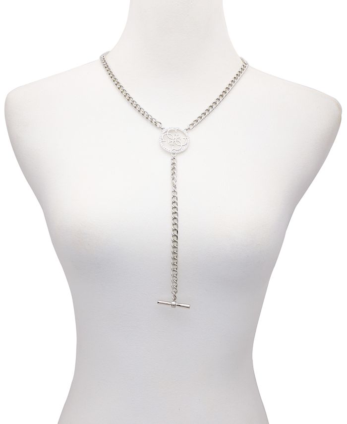 GUESS Silver-Tone Pavé Quatro G Logo Lariat Necklace, 20" + 2" extender ...