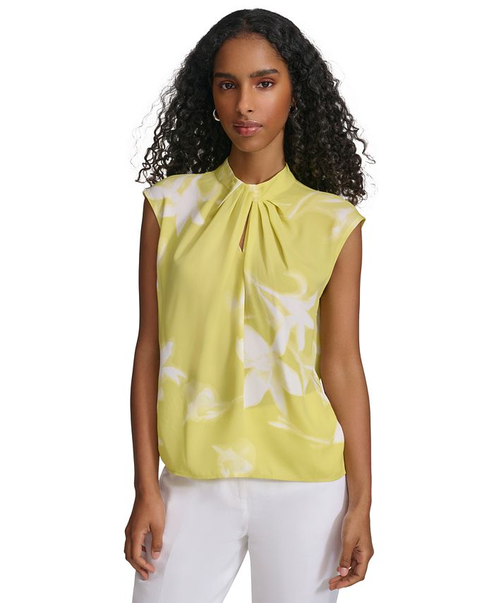 Calvin Klein Womens Sleeveless Floral Keyhole Neck Blouse Macys