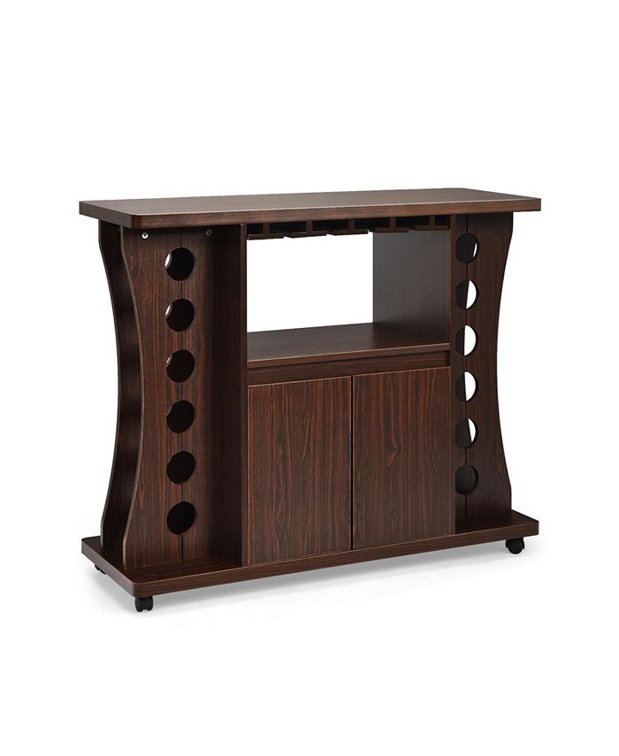 Slickblue Rolling Buffet Sideboard Wooden Bar Storage Cabinet-Walnut ...
