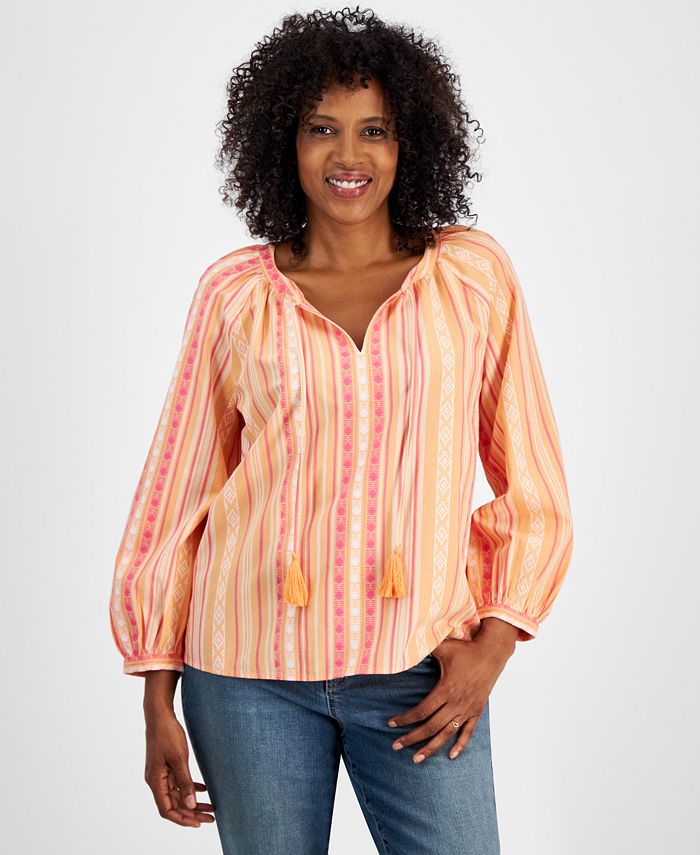Style & Co Women's Jacquard Striped Peasant Blouse, Created for Macy's - Macy's